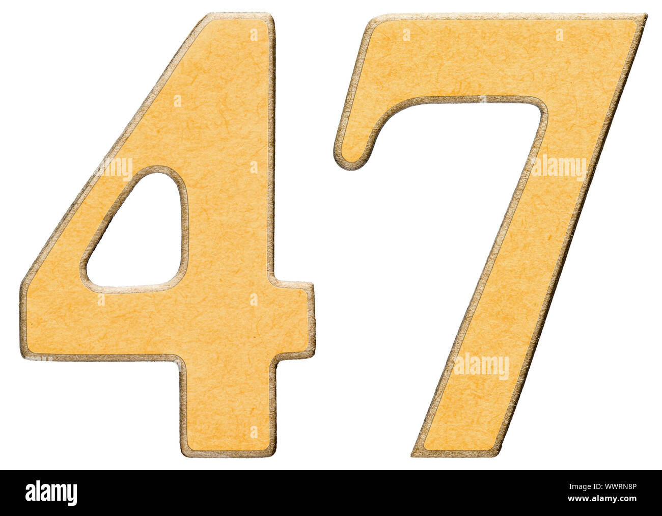 47, forty seven, numeral of wood combined with yellow insert, isolated ...