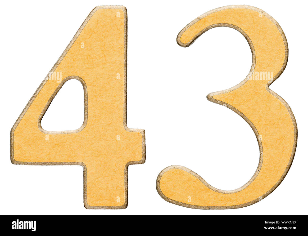 d43, forty three, numeral of wood combined with yellow insert, isolated ...