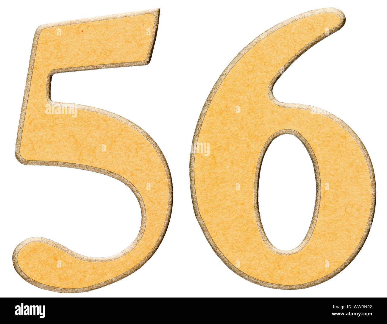56, fifty six, numeral of wood combined with yellow insert, isolated on ...