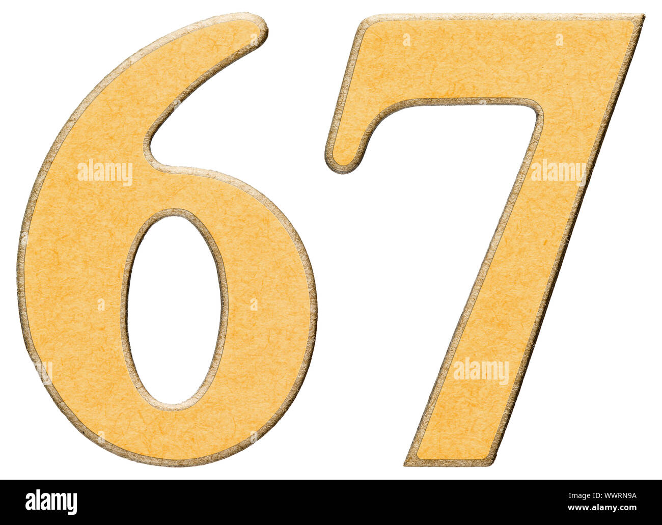 67, sixty seven, numeral of wood combined with yellow insert, isolated ...
