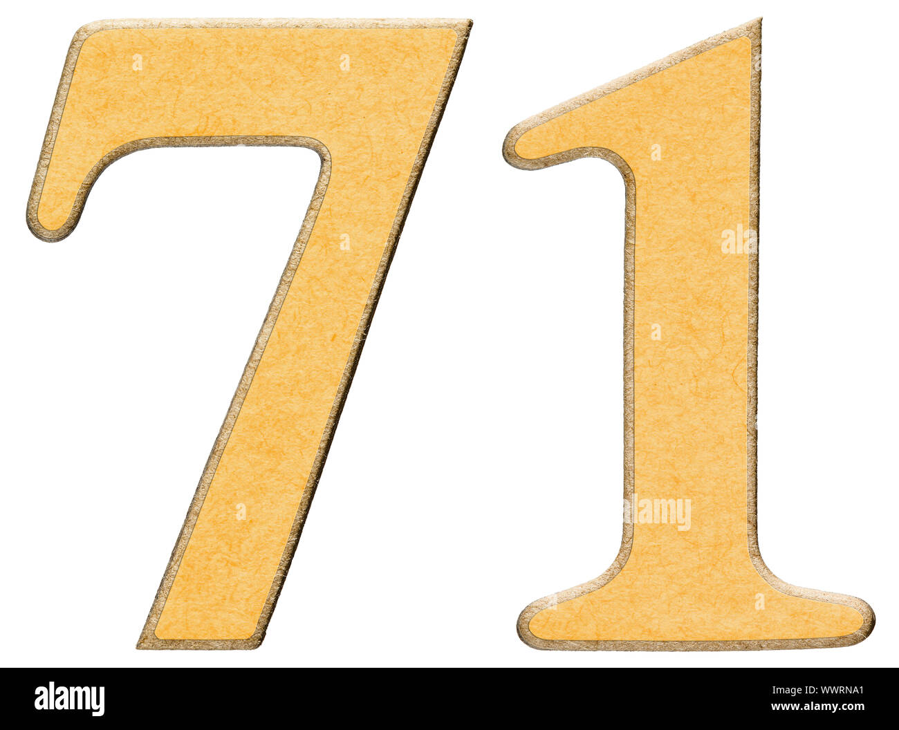 71, seventy one, numeral of wood combined with yellow insert, isolated ...