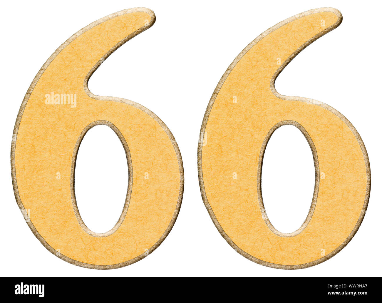 66, sixty six, numeral of wood combined with yellow insert, isolated on ...