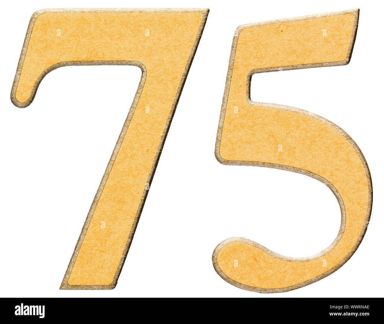 75, seventy five, numeral of wood combined with yellow insert, isolated ...