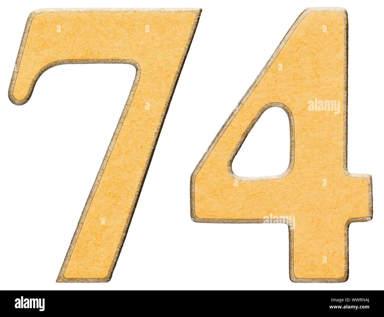 74, seventy four, numeral of wood combined with yellow insert, isolated ...
