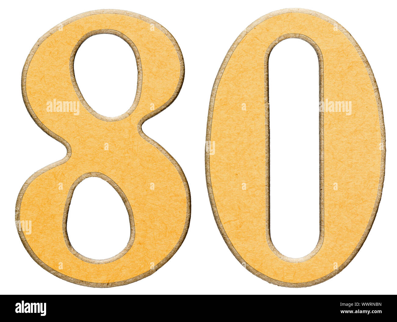 80, eighty, eight, numeral of wood combined with yellow insert ...