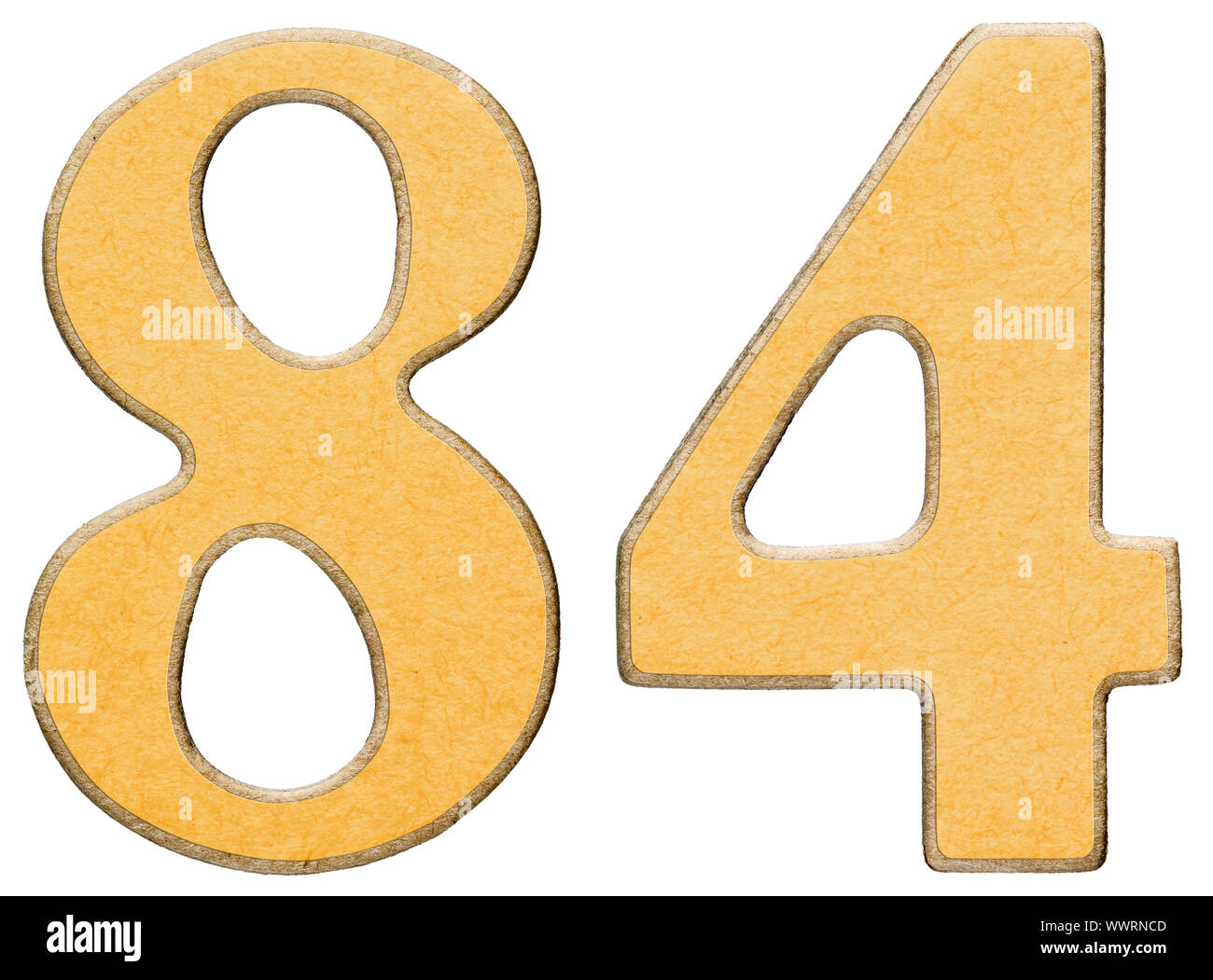 84, eighty four, numeral of wood combined with yellow insert, isolated ...
