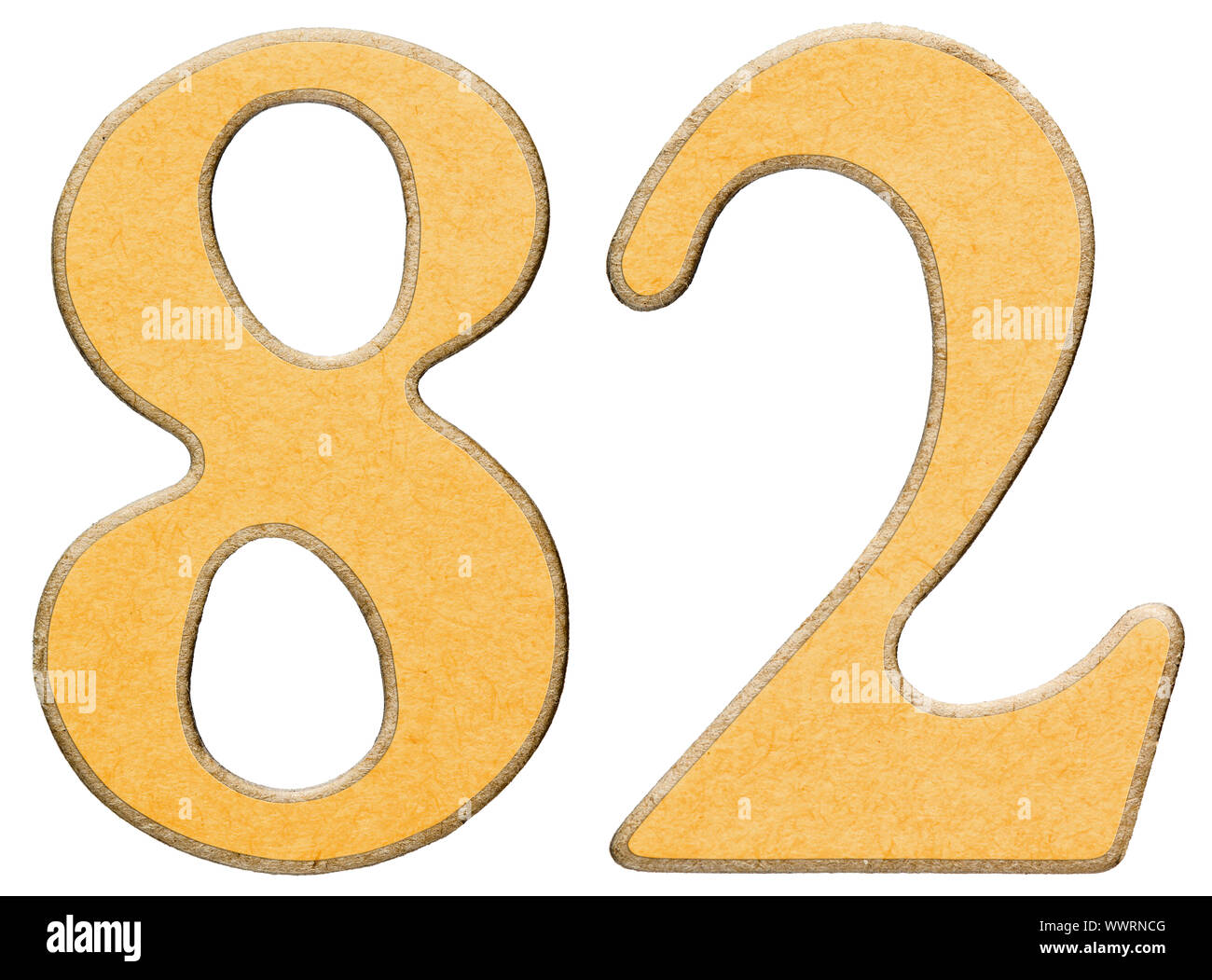 82, eighty two, numeral of wood combined with yellow insert, isolated ...