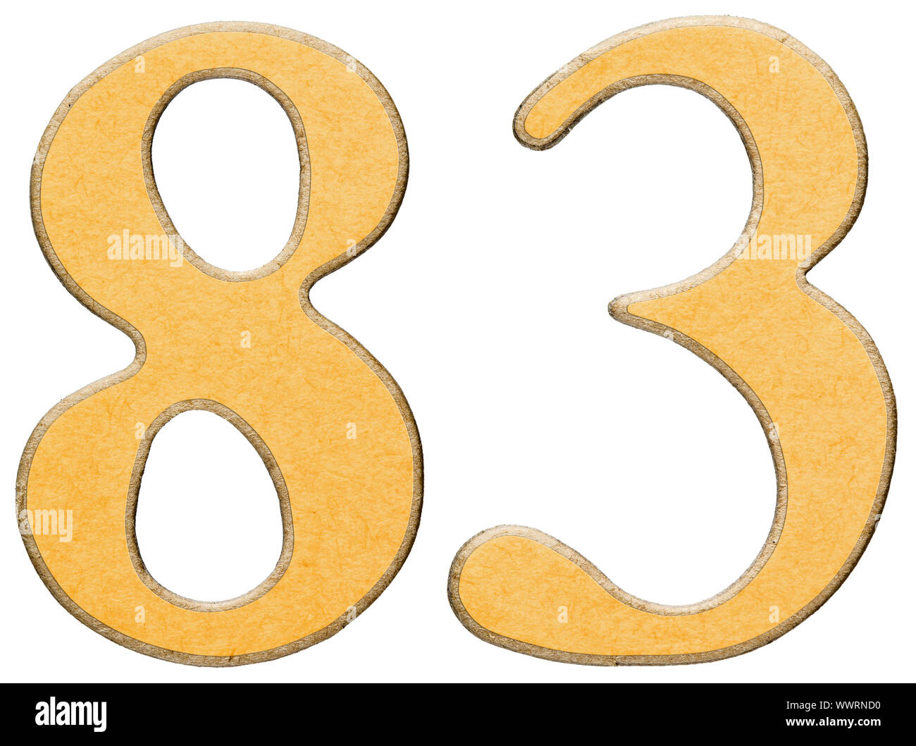 83, eighty three, numeral of wood combined with yellow insert, isolated ...
