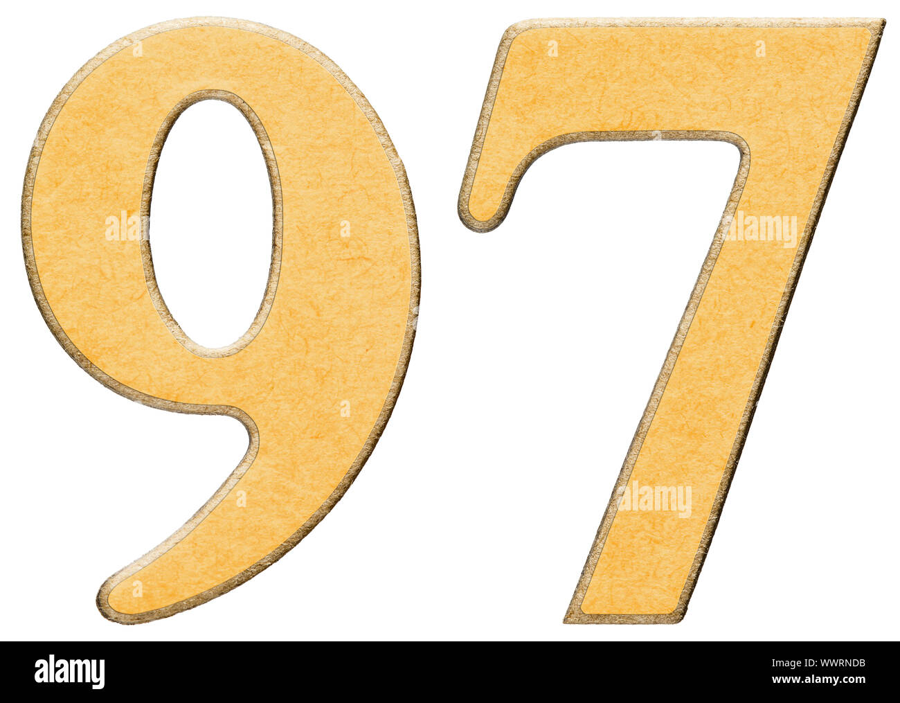 97, ninety seven, numeral of wood combined with yellow insert, isolated ...