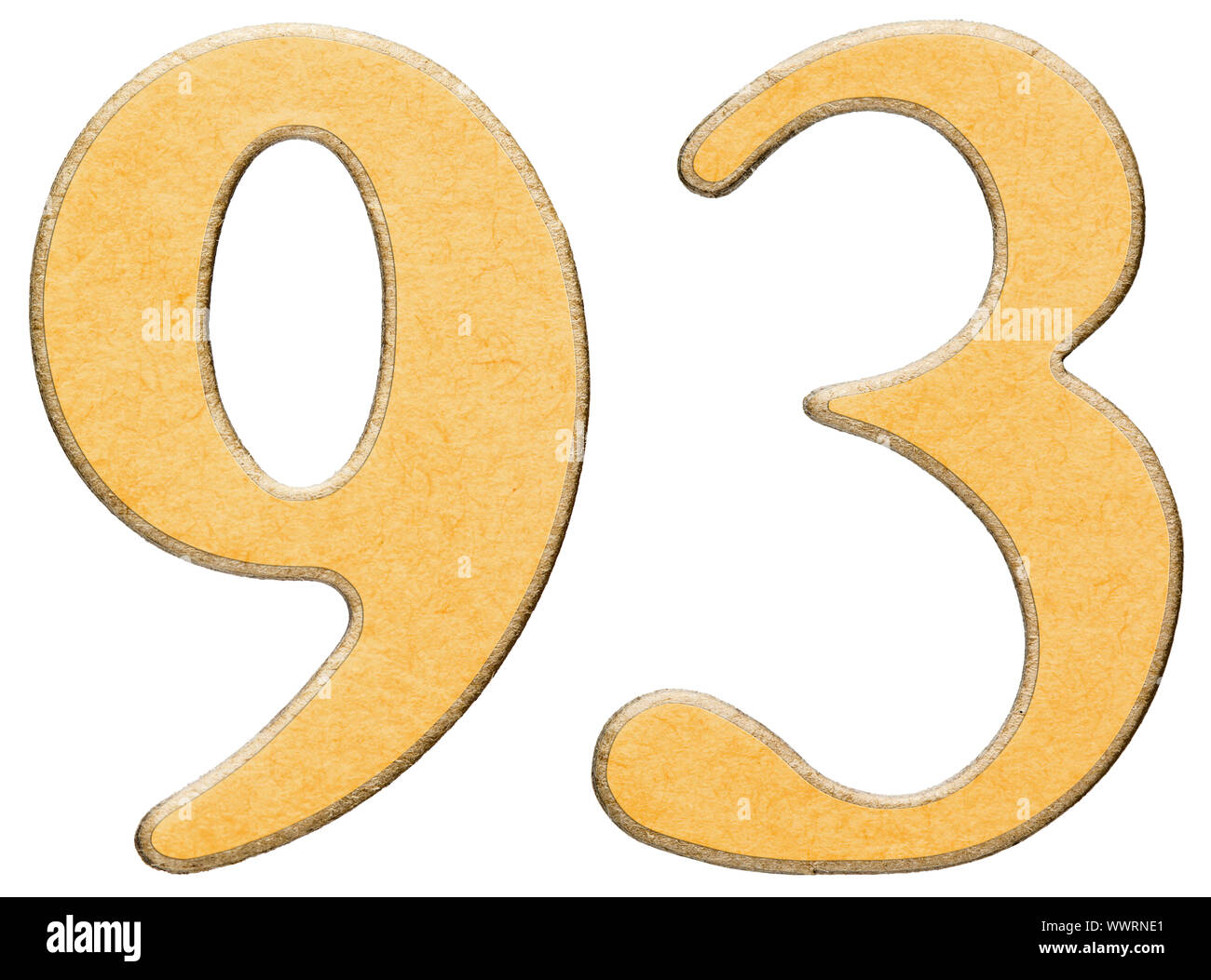 93, ninety three, numeral of wood combined with yellow insert, isolated ...