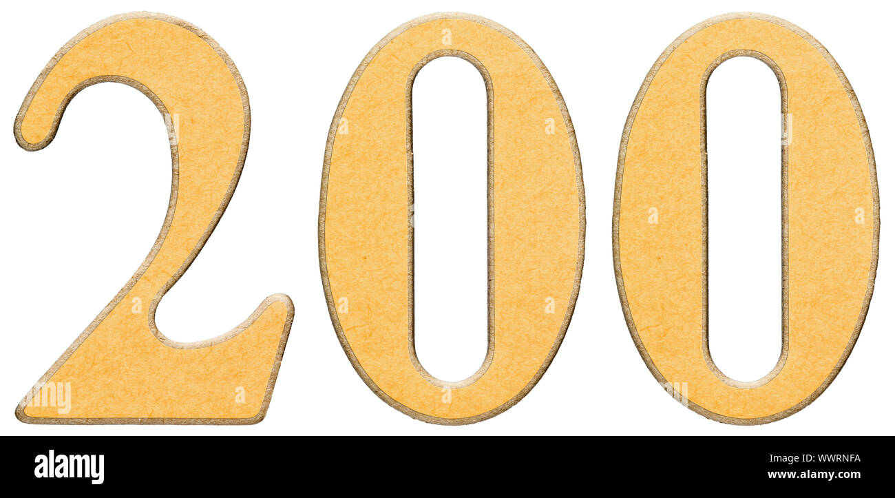 200, two hundred, numeral of wood combined with yellow insert, isolated ...