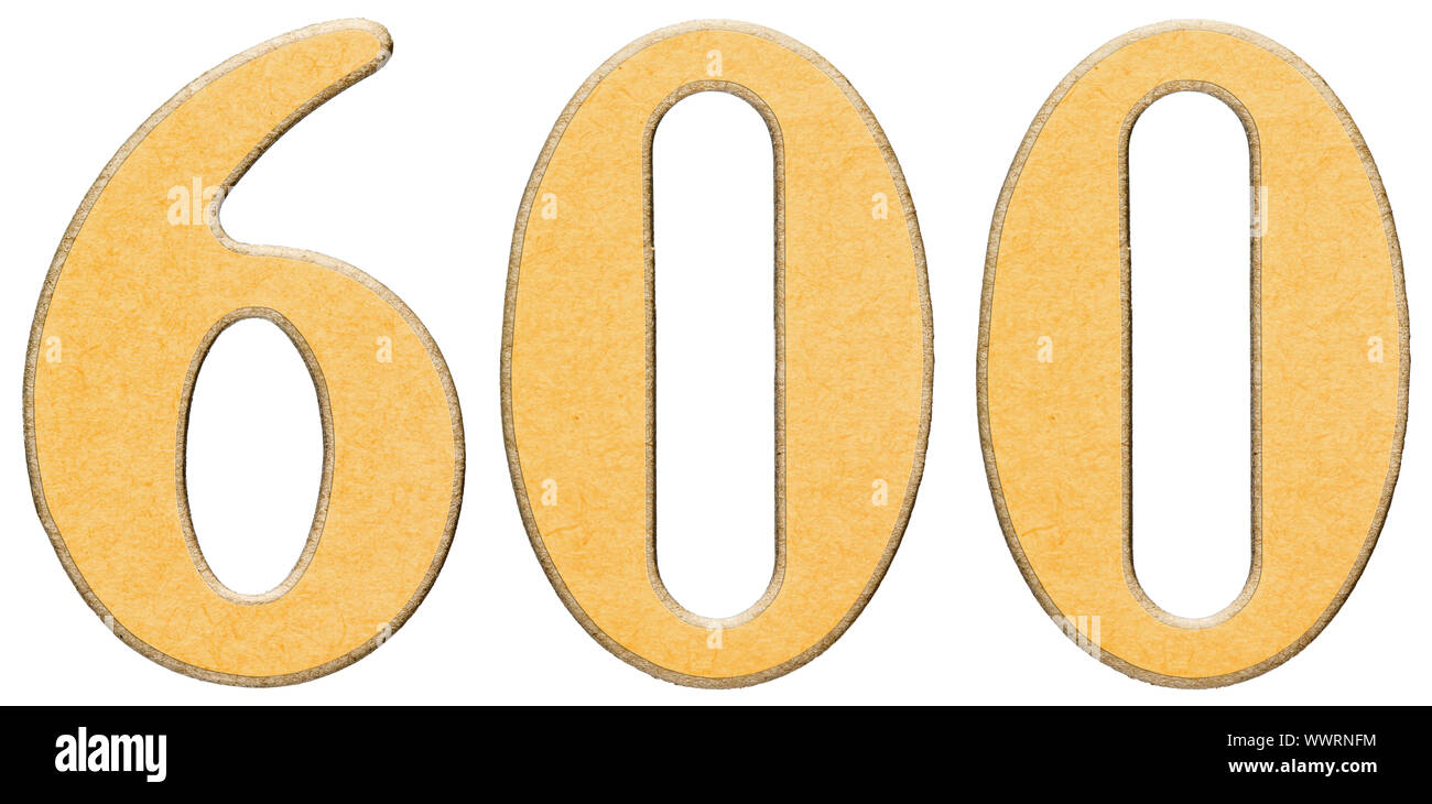 600, six hundred, numeral of wood combined with yellow insert, isolated ...