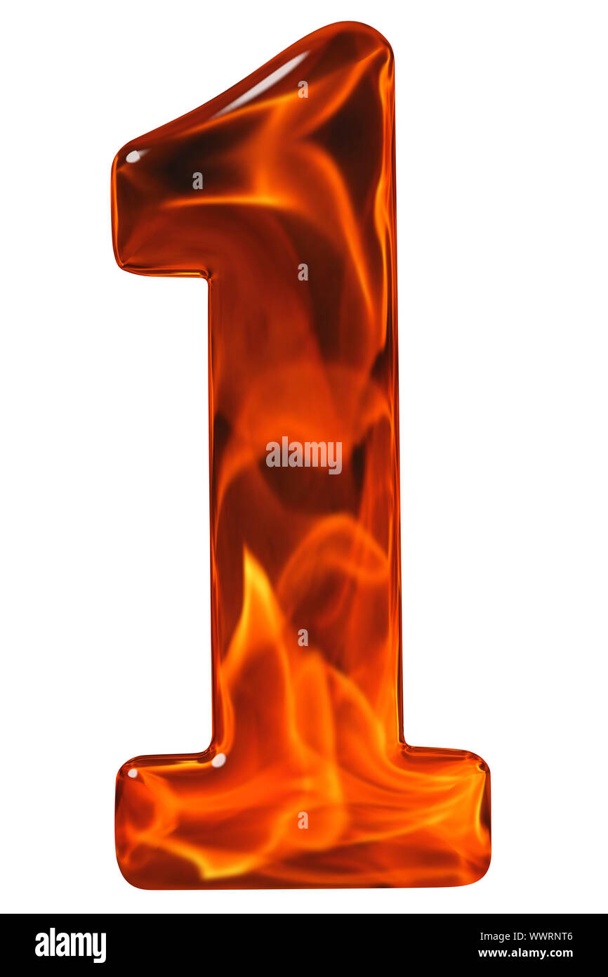 1, one, numeral from glass with an abstract pattern of a flaming fire ...