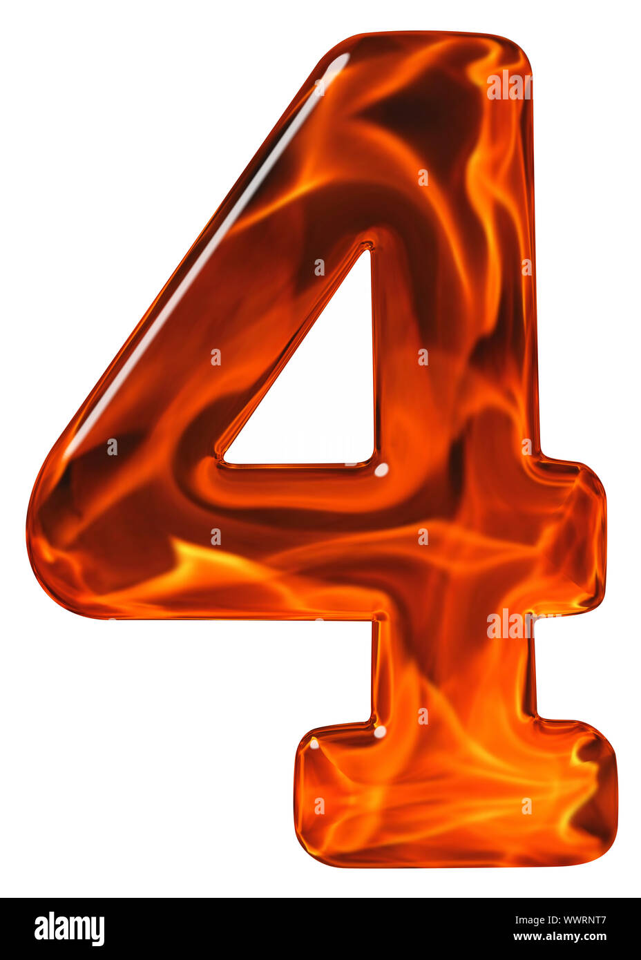 4, four, numeral from glass with an abstract pattern of a flaming fire ...