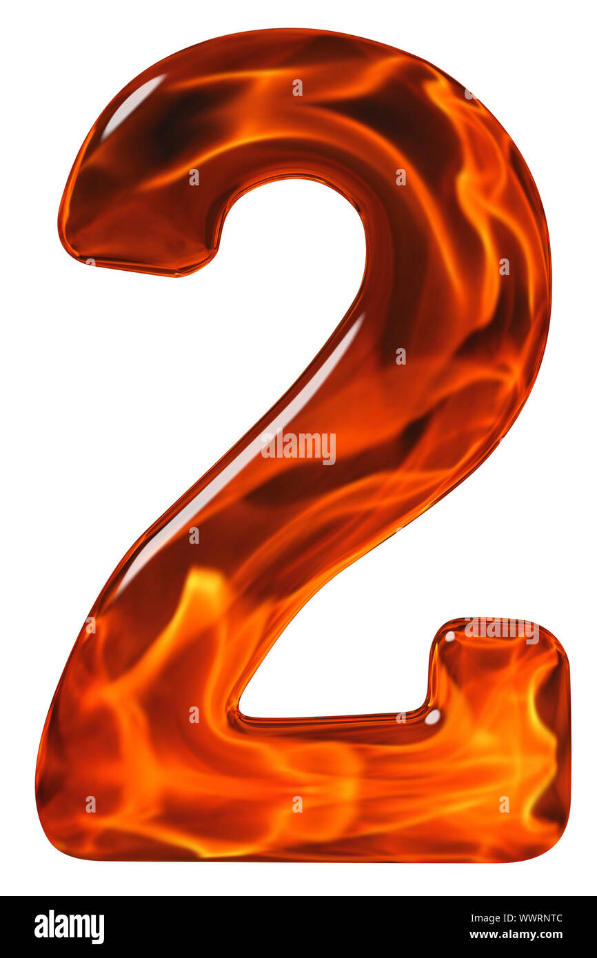 2, two, numeral from glass with an abstract pattern of a flaming fire ...