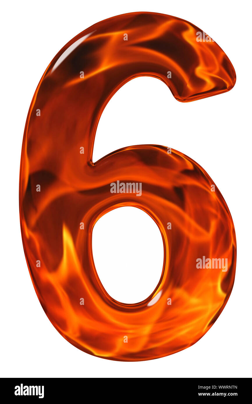 6, six, numeral from glass with an abstract pattern of a flaming fire ...