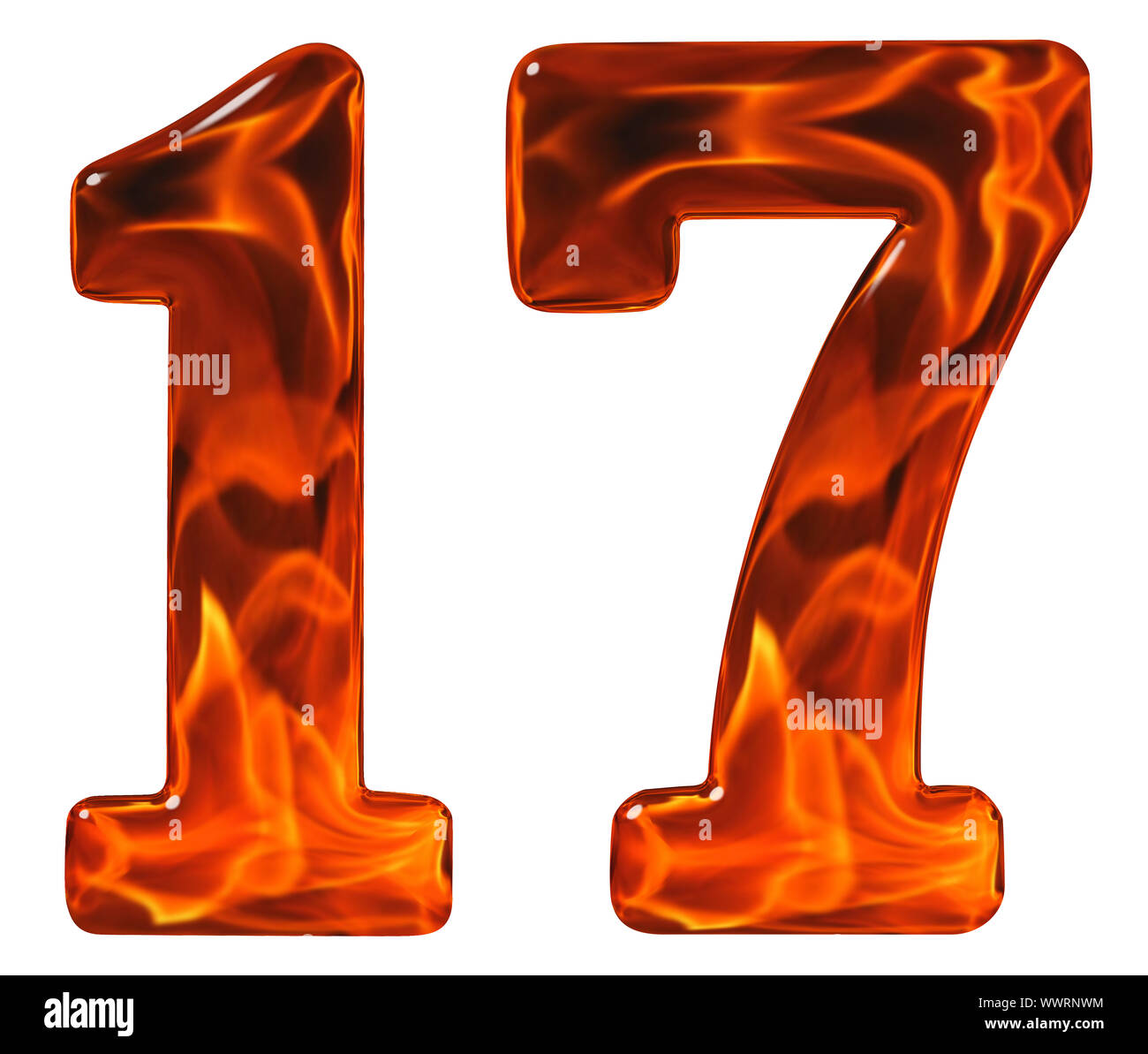 17, seventeen, numeral from glass with an abstract pattern of a flaming ...
