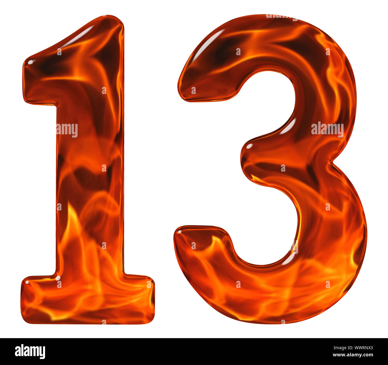 13, thirteen, numeral from glass with an abstract pattern of a flaming ...