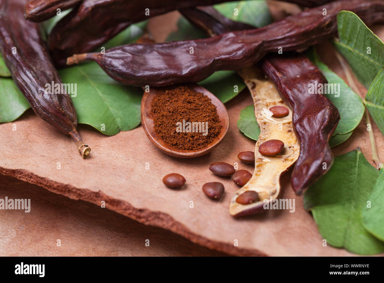 Carob. Organic carob pods with seeds and leaves on tree bark table ...