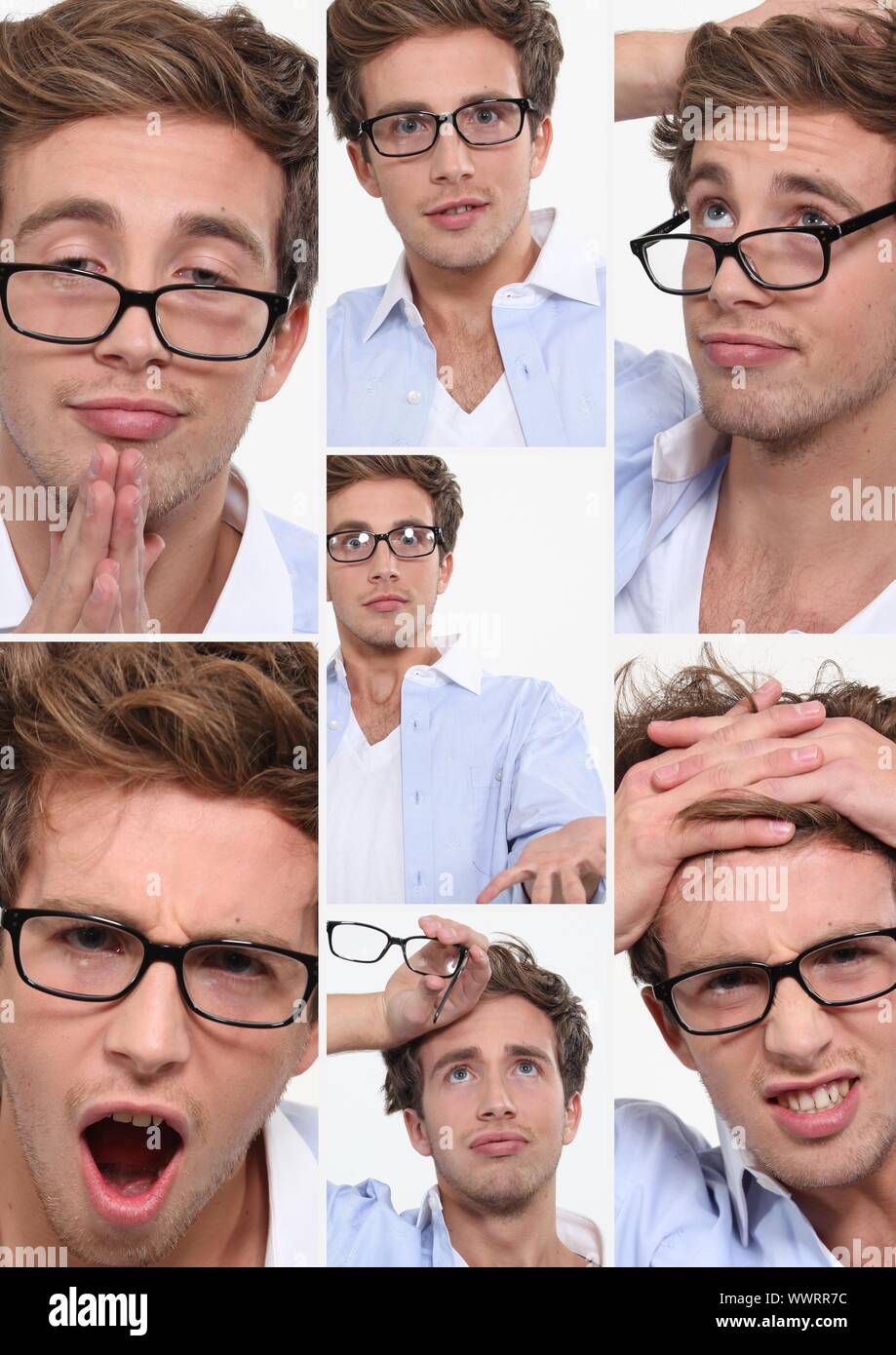 many facial expressions of a young employee Stock Photo - Alamy