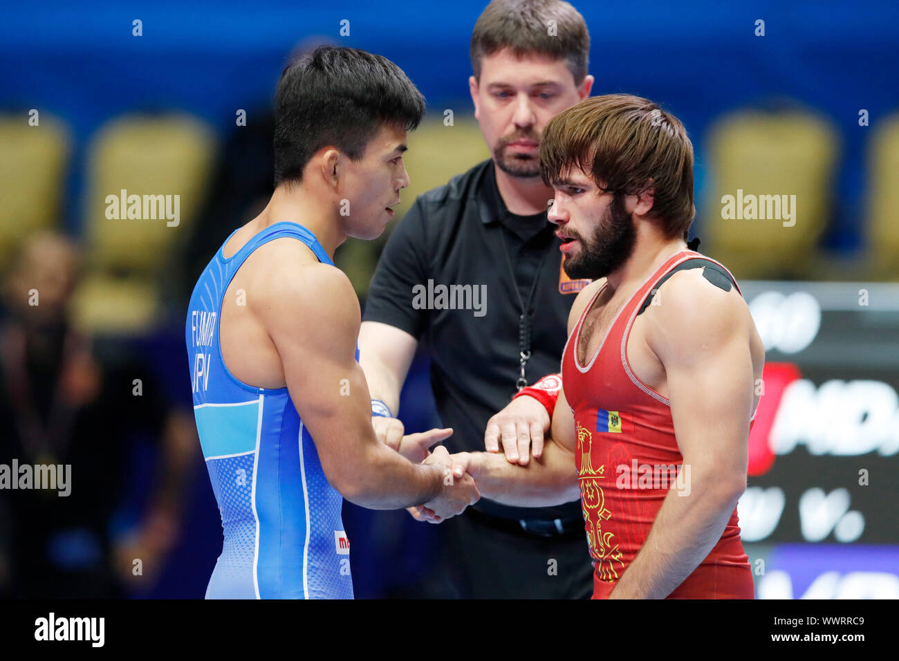 Nursultan, Kazakhstan. 16th Sep, 2019. (L to R) Kenichiro Fumita (JPN), Victor Ciobanu (MDA ...