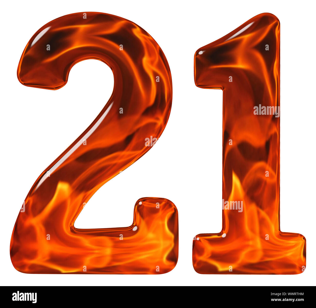21, twenty one, numeral, imitation glass and a blazing fire, isolated ...