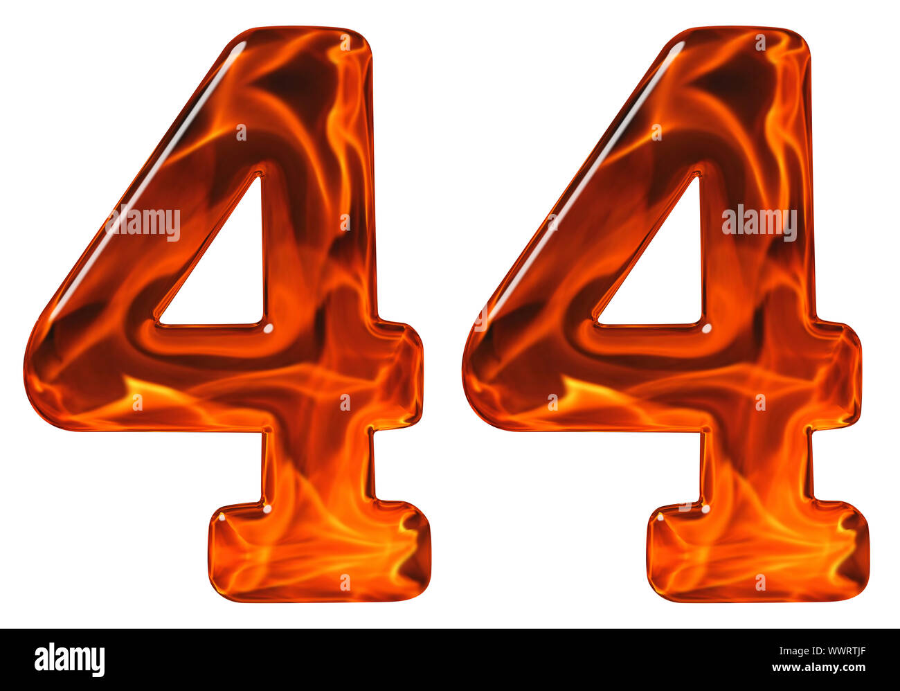 44, forty four, numeral, imitation glass and a blazing fire, isolated ...