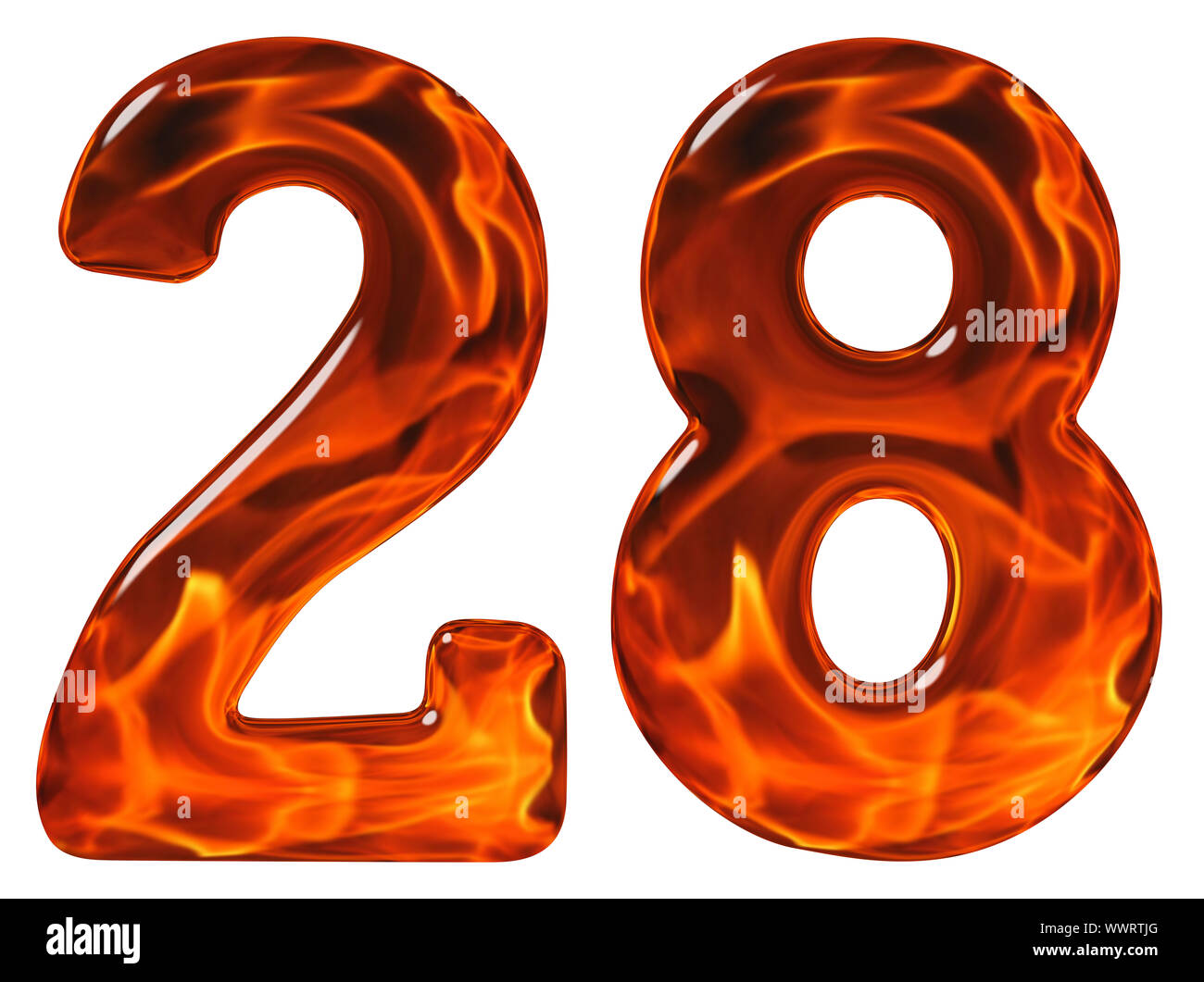 28, twenty eight, numeral, imitation glass and a blazing fire, isolated ...