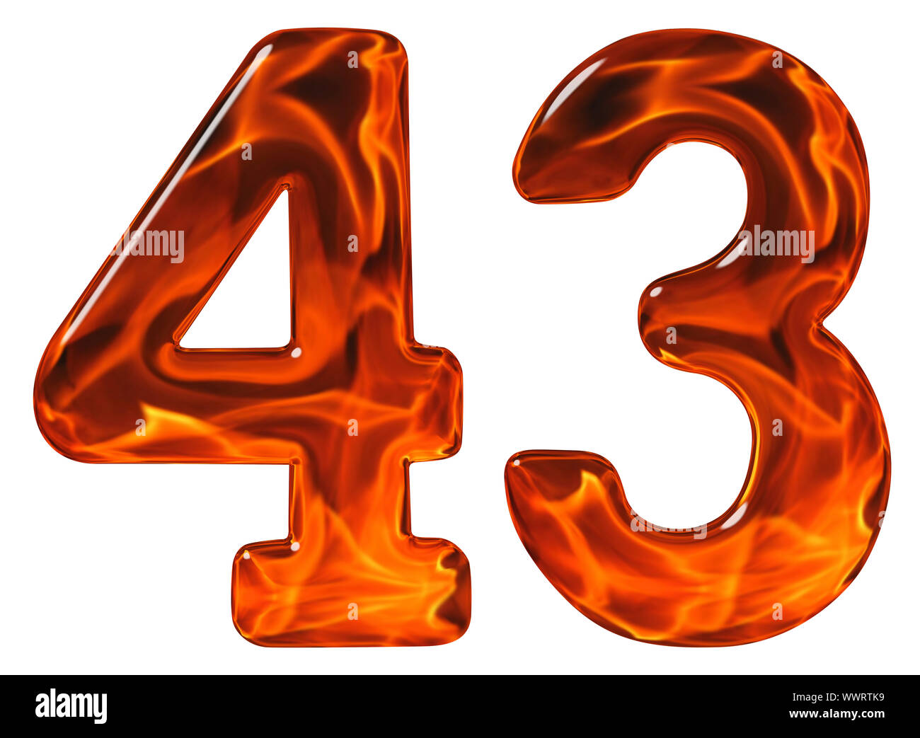 43, forty three, numeral, imitation glass and a blazing fire, isolated ...