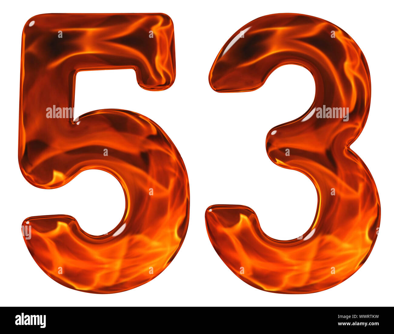 53, fifty three, numeral, imitation glass and a blazing fire, isolated ...