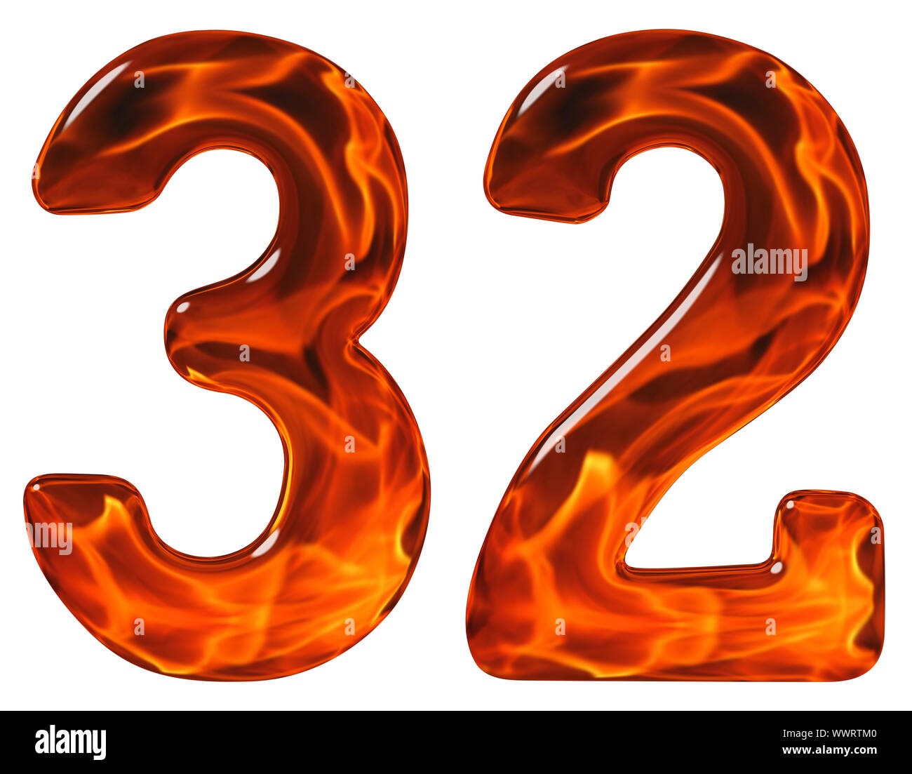 32, thirty two, numeral, imitation glass and a blazing fire, isolated ...