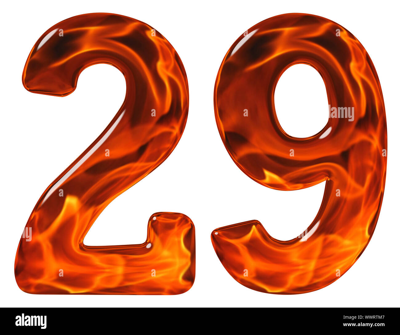 29, twenty nine, numeral, imitation glass and a blazing fire, isolated ...