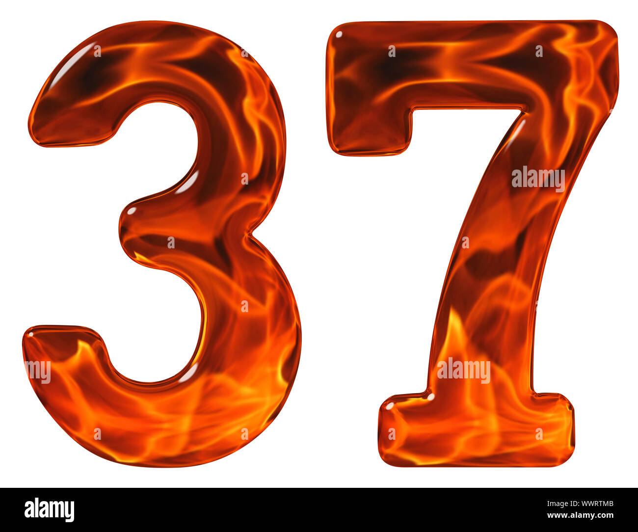 37, thirty seven, numeral, imitation glass and a blazing fire, isolated ...