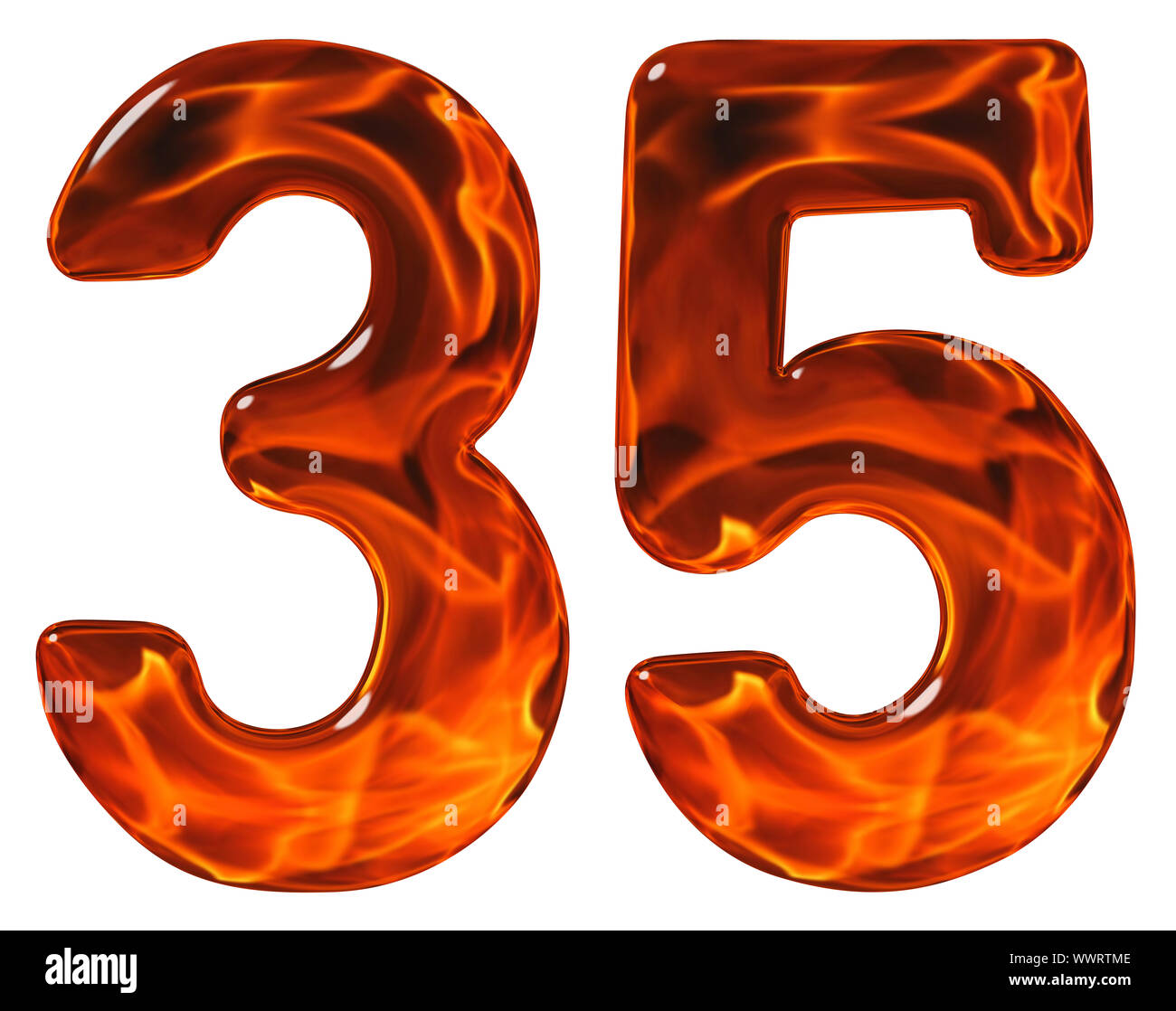35, thirty five, numeral, imitation glass and a blazing fire, isolated ...