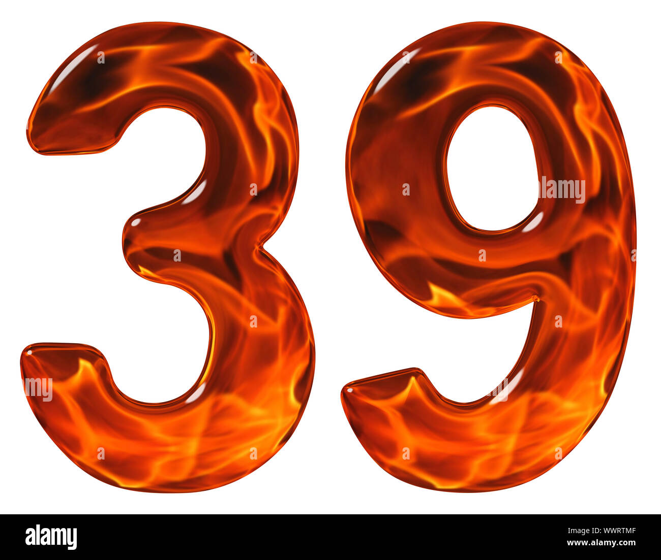 39, thirty nine, numeral, imitation glass and a blazing fire, isolated ...