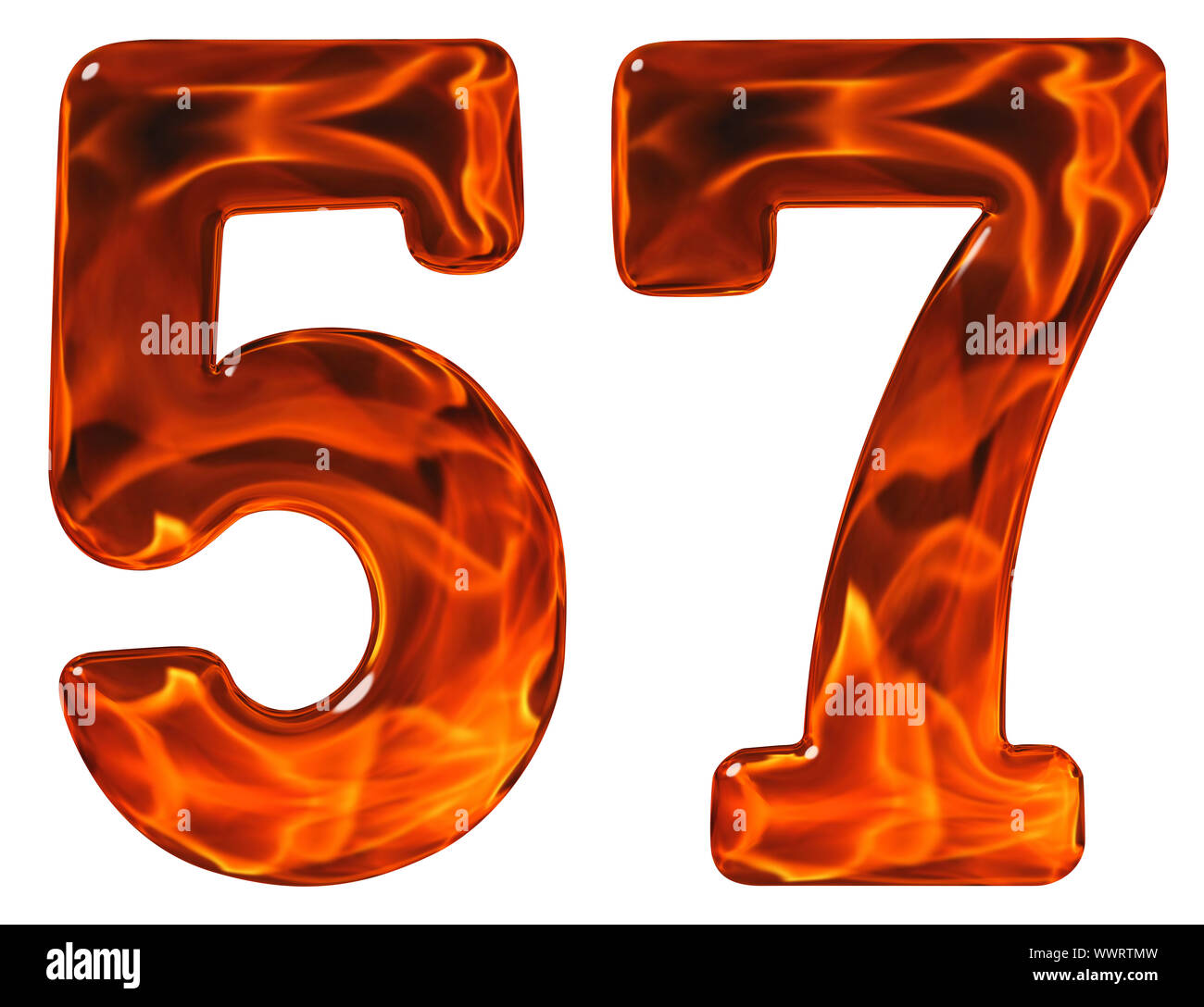 57, fifty seven, numeral, imitation glass and a blazing fire, isolated ...