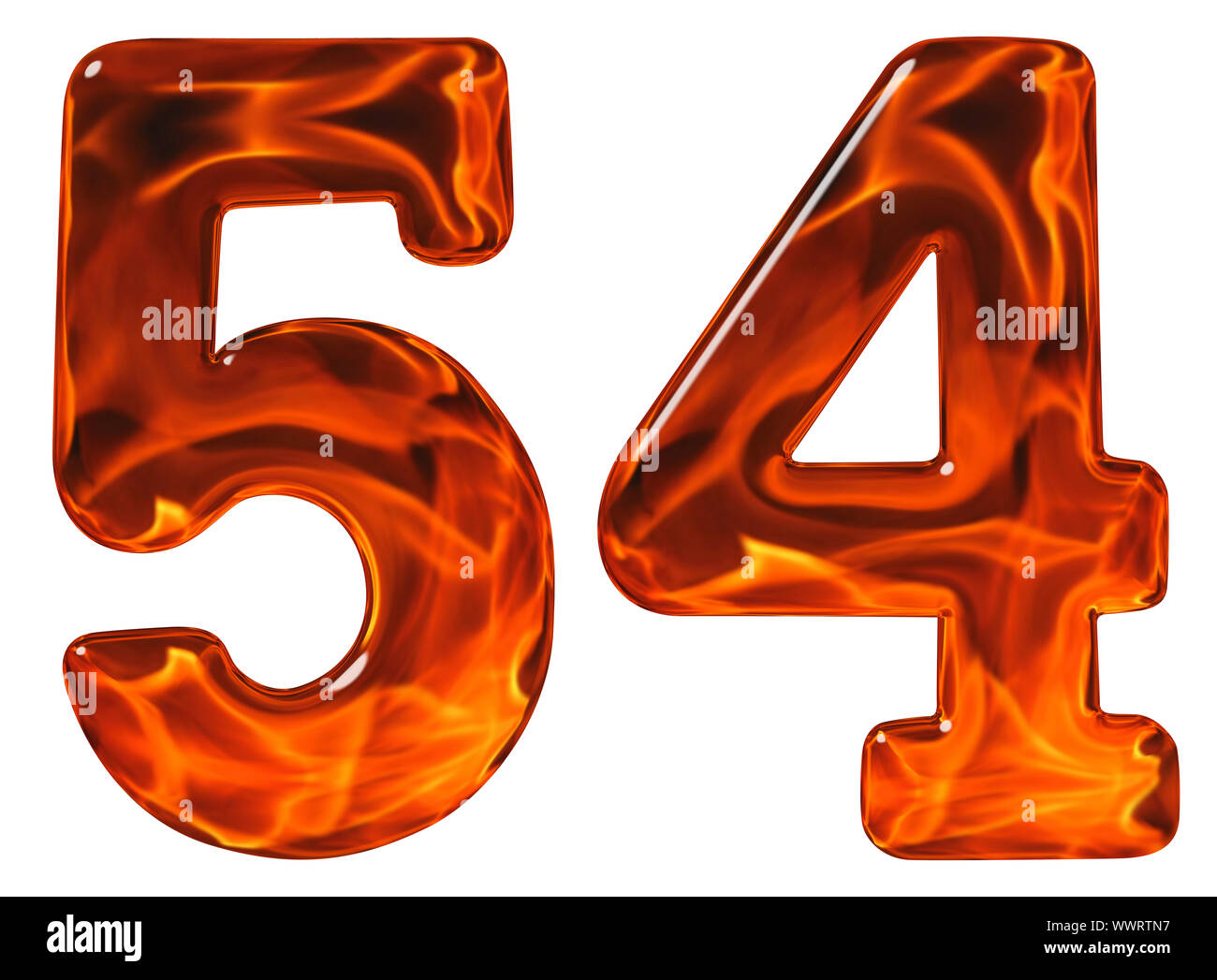 54, fifty four, numeral, imitation glass and a blazing fire, isolated ...