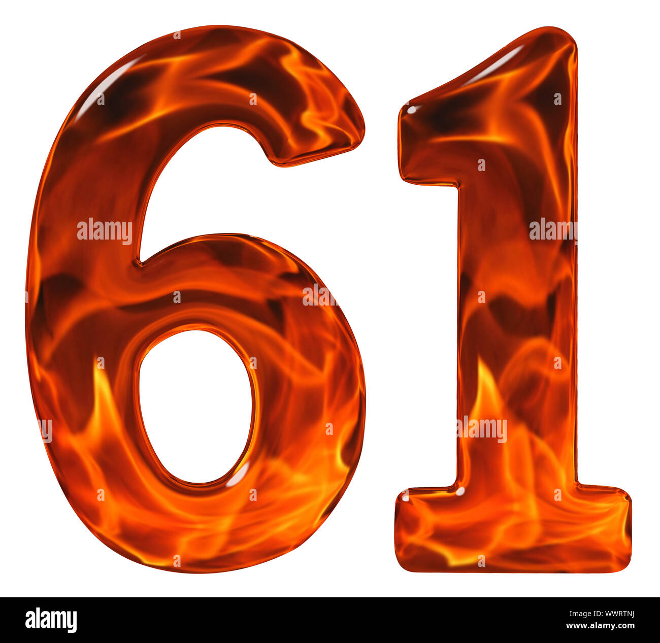 61, sixty one, numeral, imitation glass and a blazing fire, isolated on ...