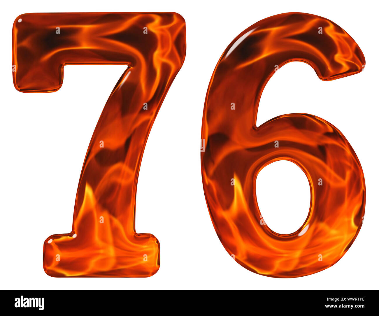 76, seventy six, numeral, imitation glass and a blazing fire, isolated ...