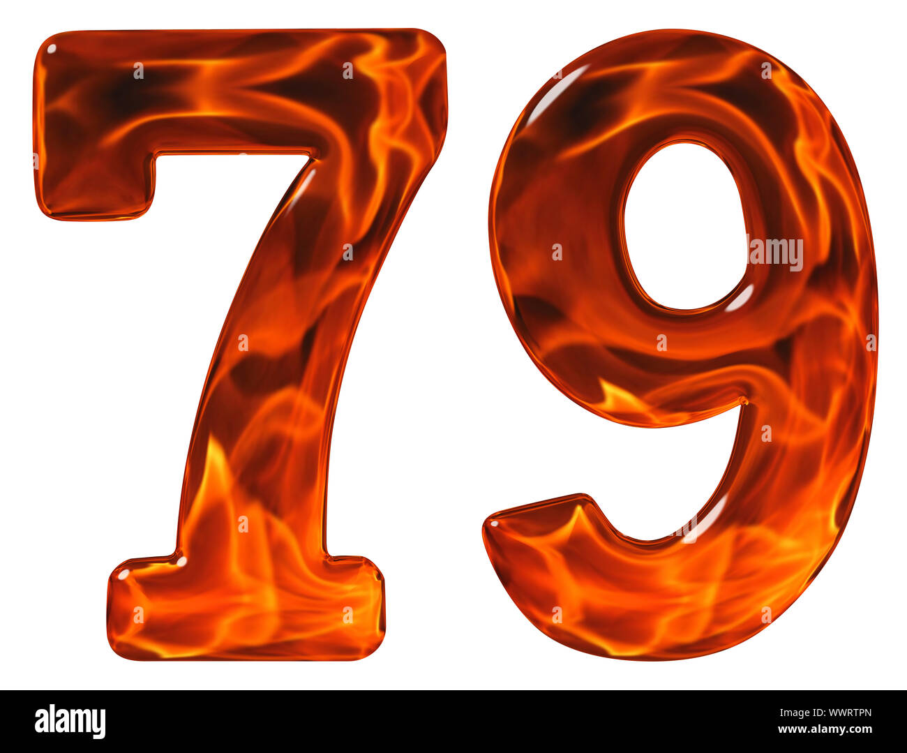 79, seventy nine, numeral, imitation glass and a blazing fire, isolated ...