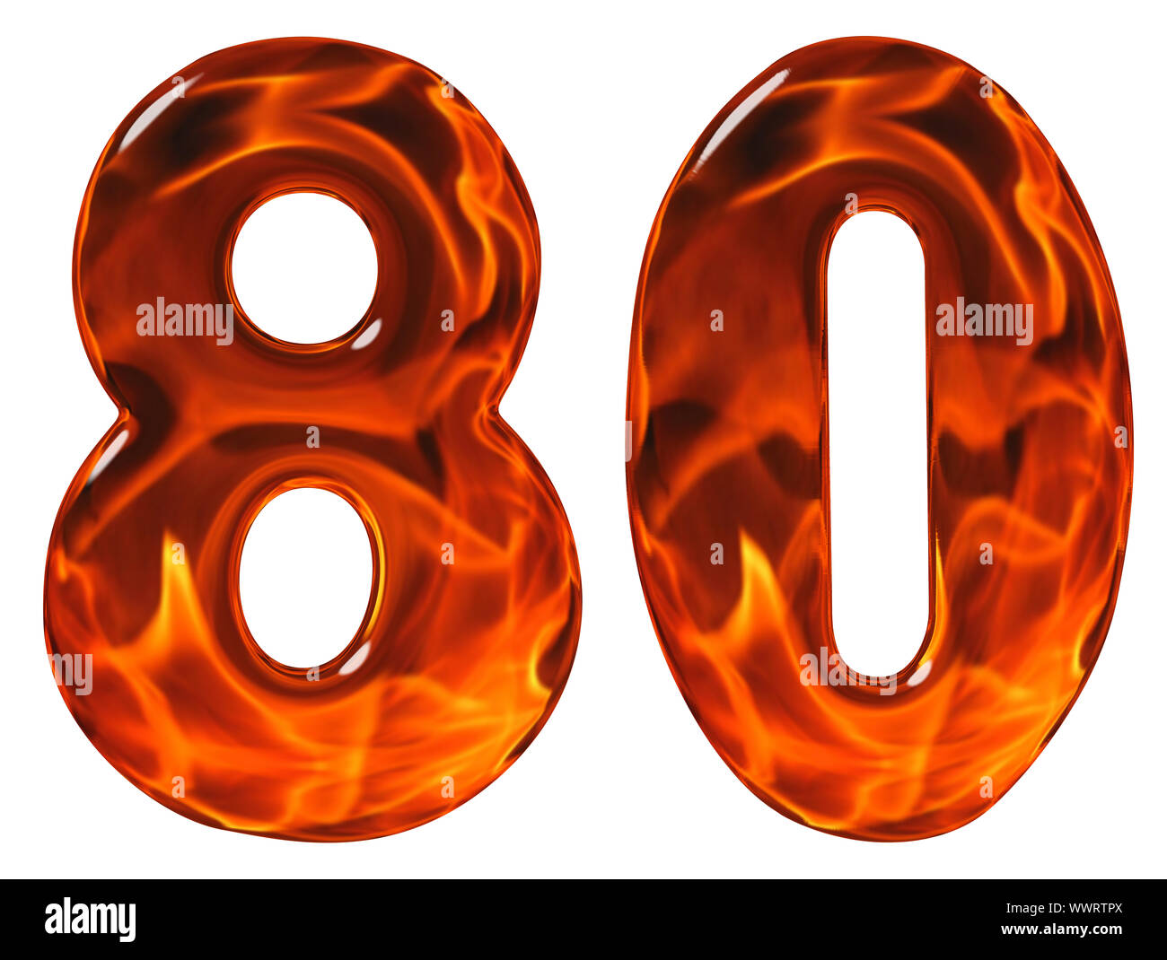 80, eighty, numeral, imitation glass and a blazing fire, isolated on ...