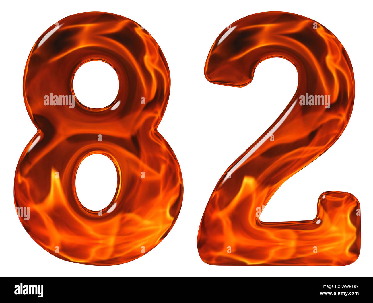 82, eighty two, numeral, imitation glass and a blazing fire, isolated ...