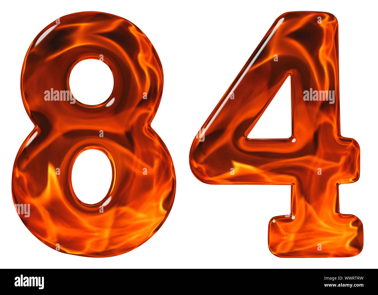 84, eighty four, numeral, imitation glass and a blazing fire, isolated ...