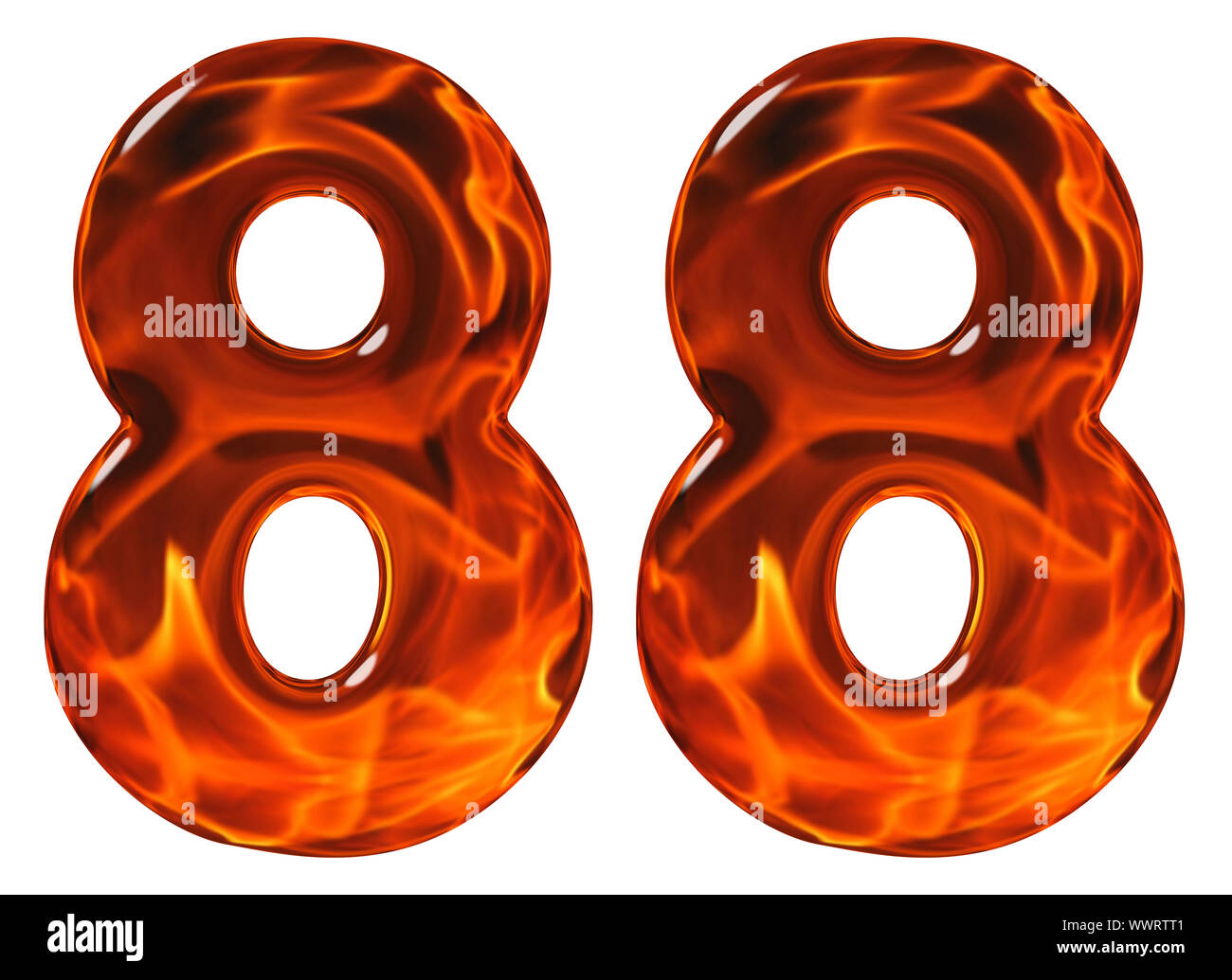 88, eighty eight, numeral, imitation glass and a blazing fire, isolated ...