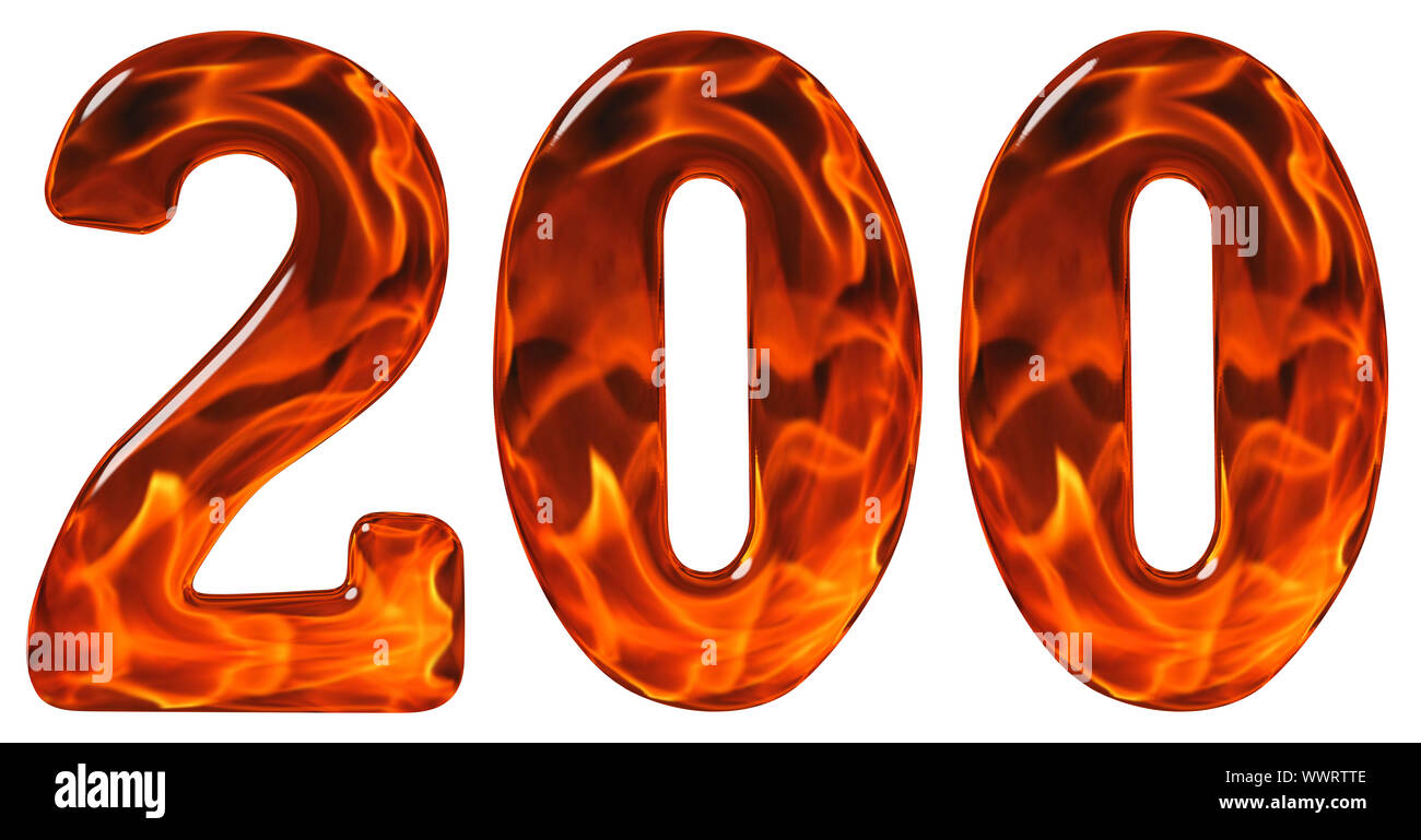 200, two hundred, numeral, imitation glass and a blazing fire, isolated ...