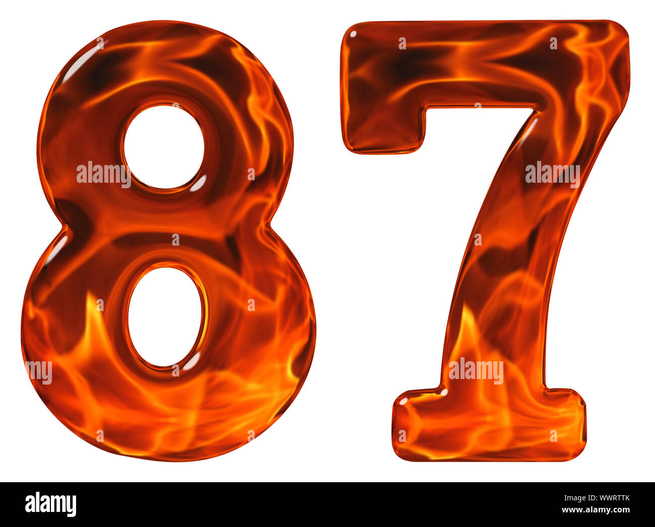 87, eighty seven, numeral, imitation glass and a blazing fire, isolated ...