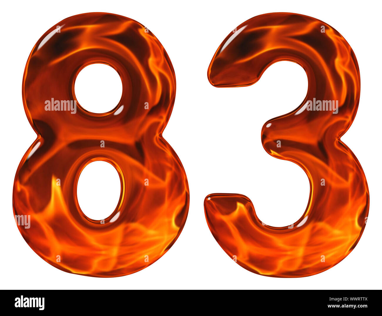 83, eighty three, numeral, imitation glass and a blazing fire, isolated ...