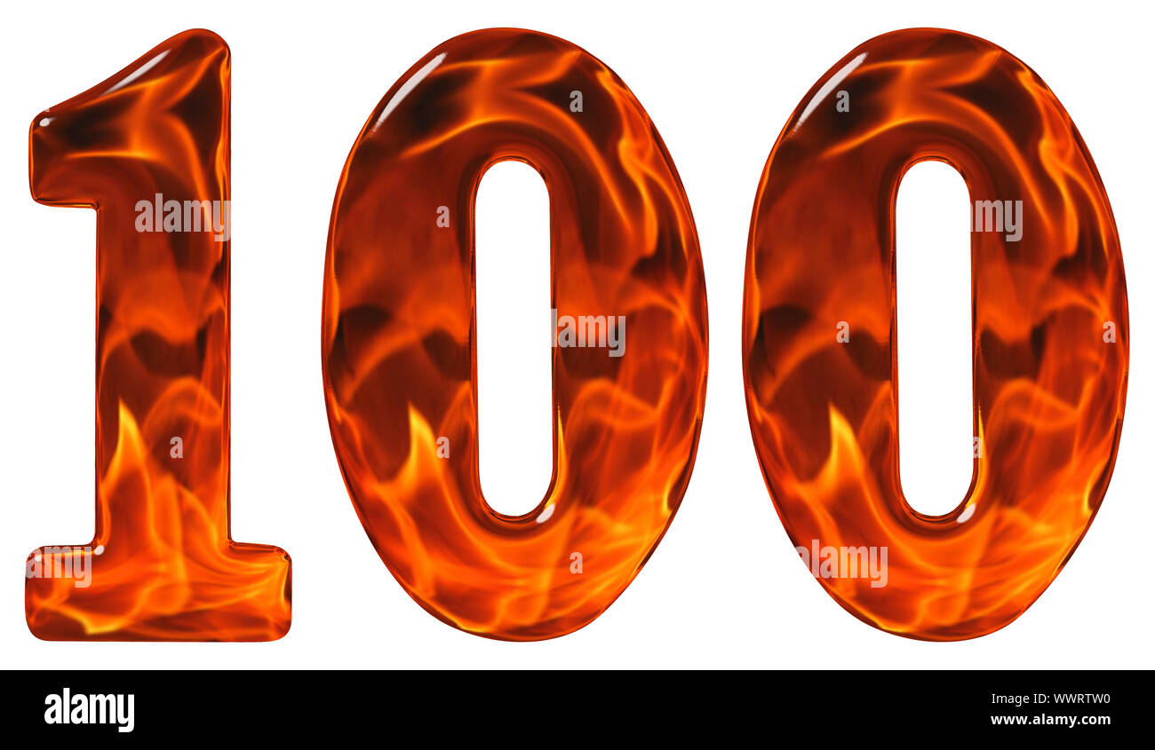 100, one hundred, numeral, imitation glass and a blazing fire, isolated ...