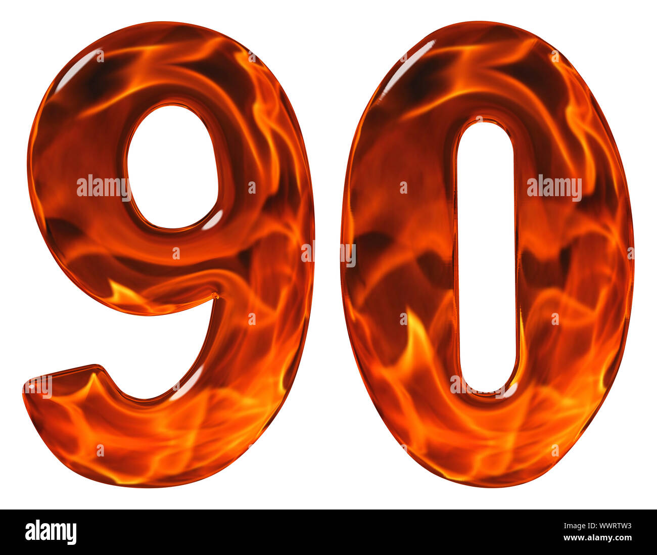90, ninety, numeral, imitation glass and a blazing fire, isolated on ...