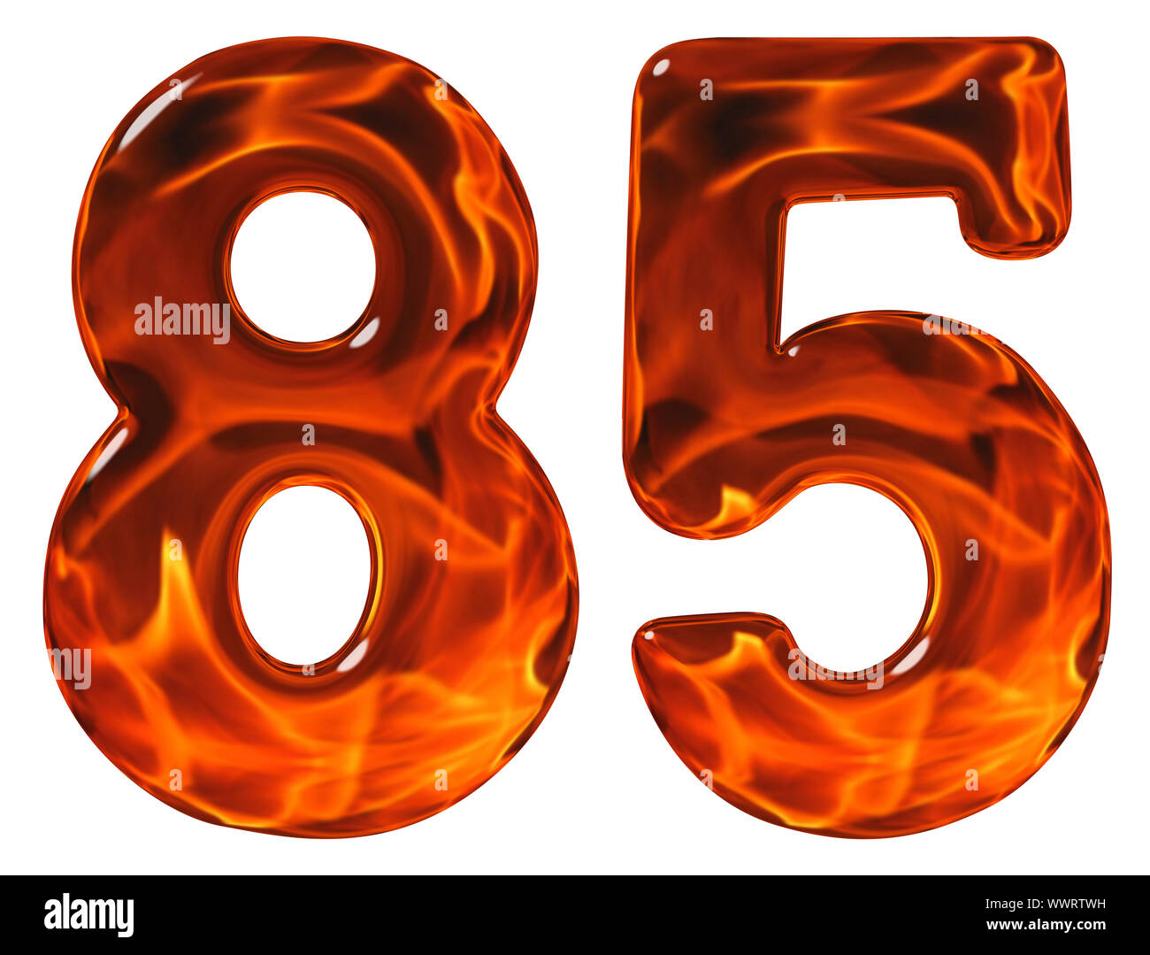 85, eighty five, numeral, imitation glass and a blazing fire, isolated ...